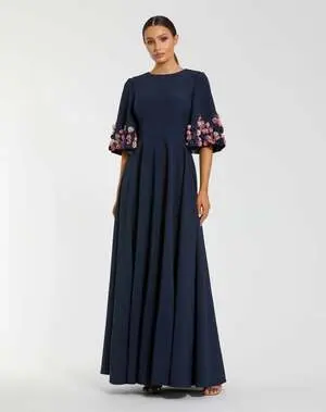 Mac Duggal Crepe A-line Gown With Flower Trim - Navy