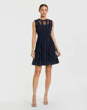 Mac Duggal High Neck Sleeveless Micro Ruffle Mini Dress - Navy