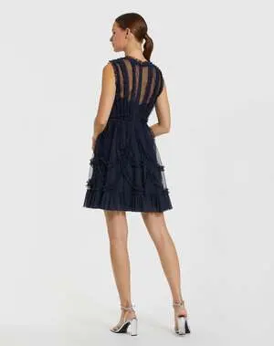 Mac Duggal High Neck Sleeveless Micro Ruffle Mini Dress - Navy