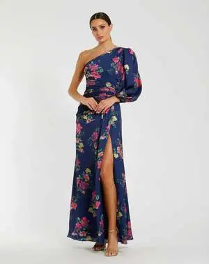 Mac Duggal Floral Print One Shoulder Gown With Slit - Navy