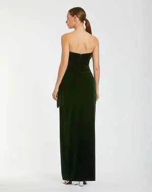 Mac Duggal Strapless High Slit Draped Velvet Gown