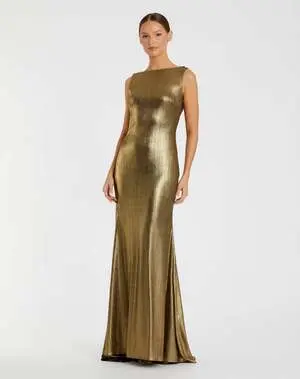 Mac Duggal Metallic Jersey Cowl Back Column Gown - Gold