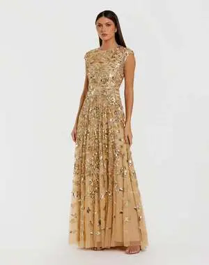 Mac Duggal Sequin Embellished High Neck A-line Gown - Gold