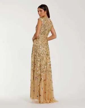Mac Duggal Sequin Embellished High Neck A-line Gown - Gold