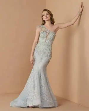 MAC DUGGAL COLLECTION Embroidered Lace One Shoulder Gown - Blue