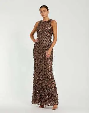 MAC DUGGAL COLLECTION Sequin Embellished Sleeveless Gown With Beaded Fringe
