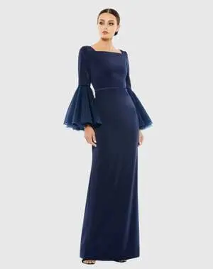 Mac Duggal Flounce Sleeve Square Neck Column Gown - Navy