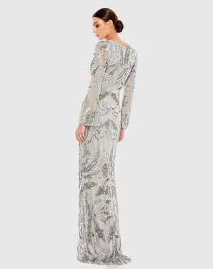 Mac Duggal Sequin Embellished Faux Wrap Gown With Split Sleeves