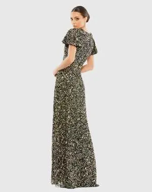 Mac Duggal Sequin Butterfly Sleeve Draped Gown - Black