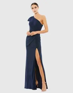 Mac Duggal Ruffled One-shoulder Draped Gown