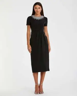 Mac Duggal Short Sleeve Midi Dress With Rhinestone Embellished Neckline - Black