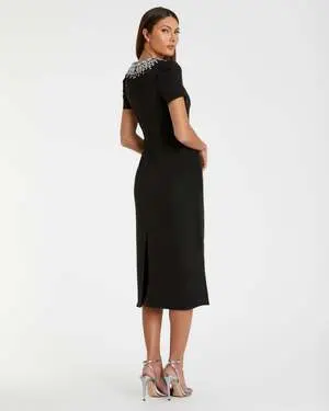 Mac Duggal Short Sleeve Midi Dress With Rhinestone Embellished Neckline - Black