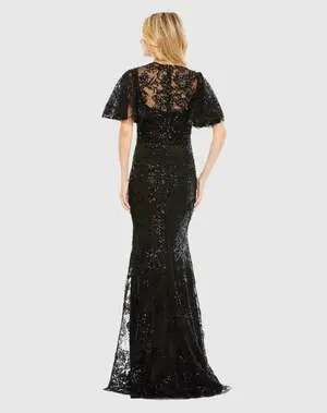 Mac Duggal Hand-embellished Beaded Lace Gown With Cape Sleeves
