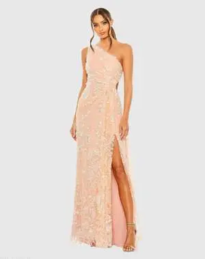 Mac Duggal One-shoulder Embellished Lace Gown With Cut Out - Pink