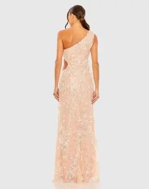Mac Duggal One-shoulder Embellished Lace Gown With Cut Out - Pink