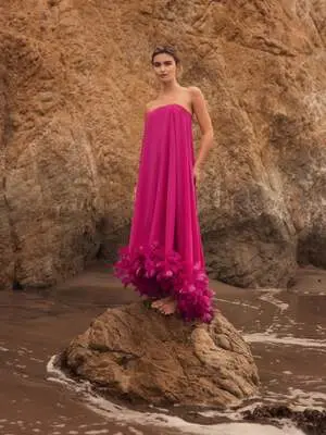 Mac Duggal Strapless Feather Hem Gown - Pink