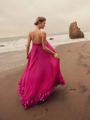 Mac Duggal Strapless Feather Hem Gown - Pink