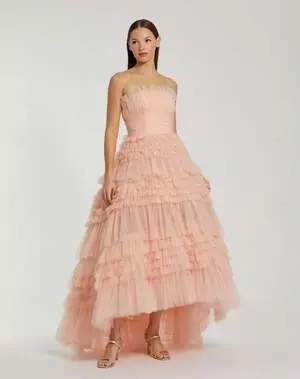 Mac Duggal Strapless Tulle Ruffle Gown - Pink