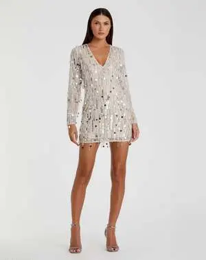 Mac Duggal Long Sleeve Beaded Fringe V-neck Mini Dress - Silver