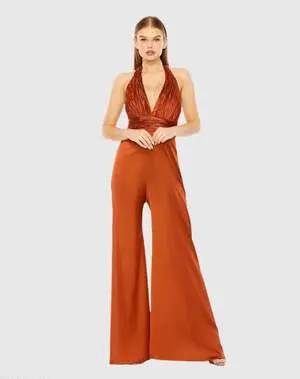 Mac Duggal Ruched Halter Wide Leg Jumpsuit - Orange