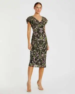 Mac Duggal Floral Embellished Cap Sleeve Dress - Black