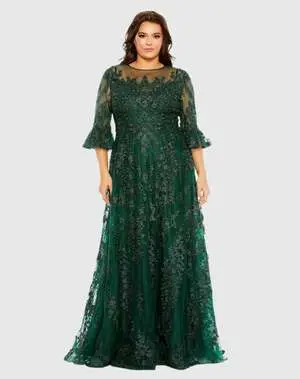 Mac Duggal Embroidered A-line Gown With Flutter Sleeves - Green