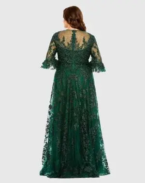 Mac Duggal Embroidered A-line Gown With Flutter Sleeves - Green