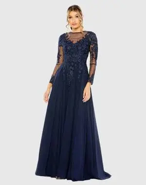 Mac Duggal High Neck Long Sleeve Embellished A-line Gown - Midnight