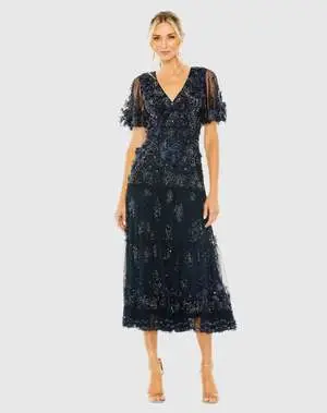 Mac Duggal Floral Embellished Flutter Sleeve Dress - Navy