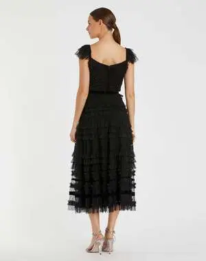 Mac Duggal Ruffle Cap Sleeve Tiered Midi Dress