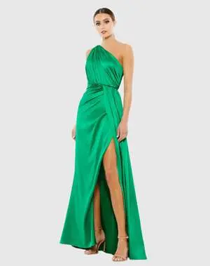 Mac Duggal Gathered One-shoulder Faux Wrap Gown - Green