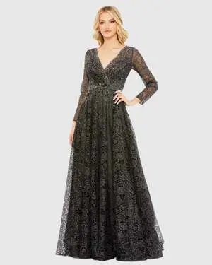 Mac Duggal Embellished Illusion Long Sleeve V Neck Gown - Gray