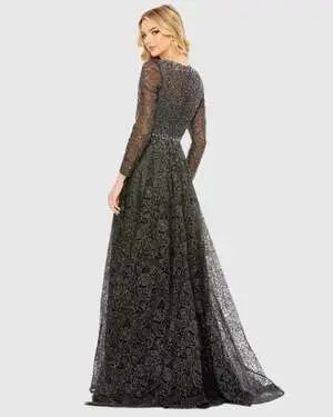 Mac Duggal Embellished Illusion Long Sleeve V Neck Gown - Gray