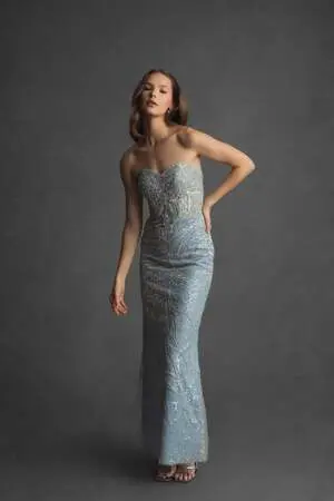 Mac Duggal Beaded Sequin Strapless Trumpet Gown - Blue