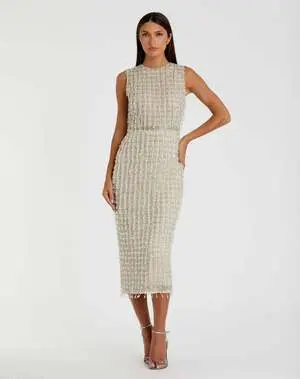 Mac Duggal Beaded Midi Sheath Dress - Neutral