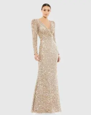 Mac Duggal Sequin Embellished Column Gown With Puff Sleeves - Gold