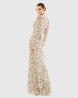 Mac Duggal Sequin Embellished Column Gown With Puff Sleeves - Gold