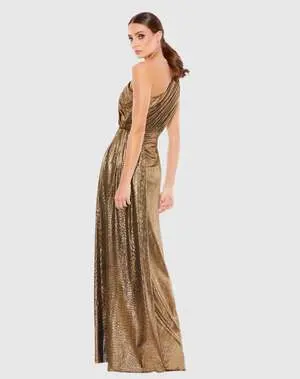 Mac Duggal One-shoulder Draped Metallic Gown - Gold
