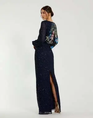 Mac Duggal High Neck Long Sleeve Sequin Gown - Navy