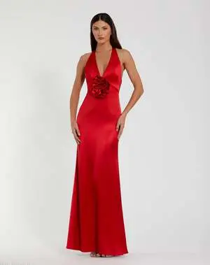 Mac Duggal Fitted Halter Gown With 3d Flower - Red