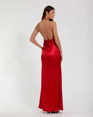 Mac Duggal Fitted Halter Gown With 3d Flower - Red
