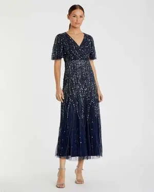 Mac Duggal Beaded Butterfly Sleeve Wrap Dress - Navy