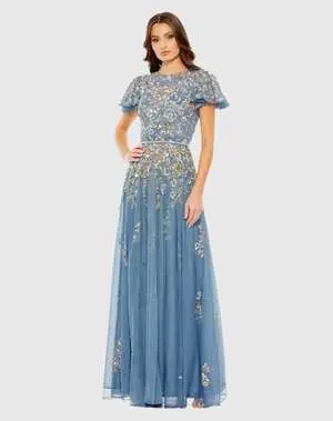 Mac Duggal Embellished Butterfly Sleeve High Neck Gown - Blue