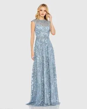 Mac Duggal Embroidered Cap Sleeve A-line Gown - Blue