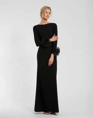 Mac Duggal Long Sleeve Fitted Jersey Gown With 3d Flowers - Black