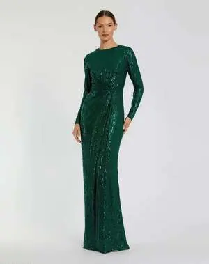 Mac Duggal Sequined Long Sleeve Side Knot Gown - Green
