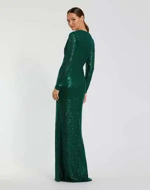 Mac Duggal Sequined Long Sleeve Side Knot Gown - Green