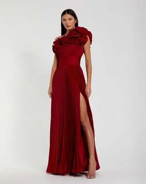Mac Duggal One Shoulder Ruffled Charmeuse Gown - Red