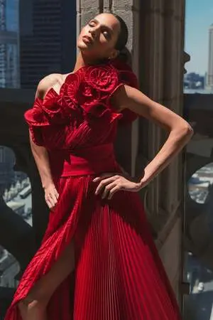 Mac Duggal One Shoulder Ruffled Charmeuse Gown - Red