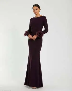 Mac Duggal Long Sleeve Fitted Jersey Gown With 3d Flowers - Purple